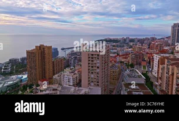 Birds eye aerial view of traffic in Monte Carlo, Monaco. Famous formula ...