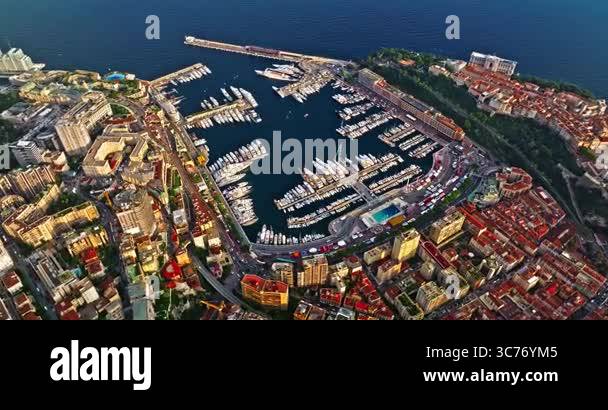 Birds eye aerial view of traffic in Monte Carlo, Monaco. Famous formula ...