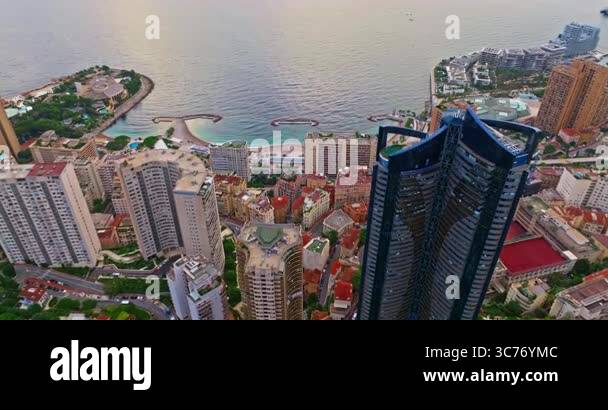 Birds eye aerial view of traffic in Monte Carlo, Monaco. Famous formula ...