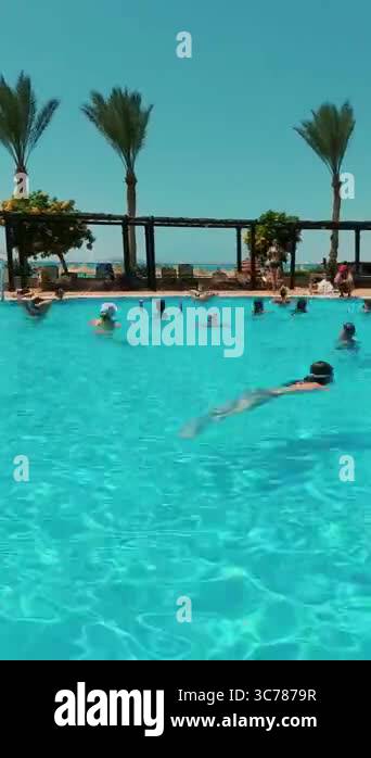 timelaps, rest by the pool, many people bathe, swim, engage in water ...