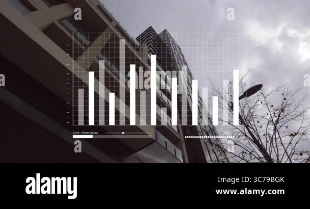 Bar graph animation over modern building exterior with cloudy sky ...
