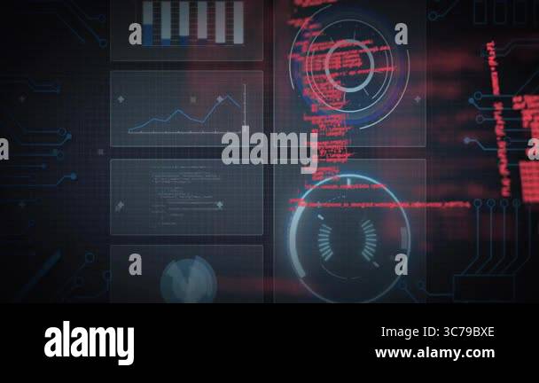Graphs and circular charts animating on digital interface for data ...