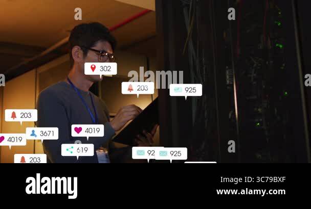 Analyzing server data, man viewing animation of social media notifications overlay. Technology ...
