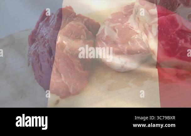 Displaying raw meat cuts over translucent French flag colors in ...
