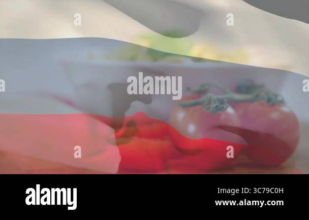 Pasta dish with tomatoes overlaid by waving Polish flag animation ...