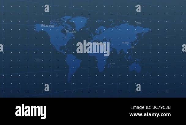 World map with grid overlay and numerical data, animation on blue ...