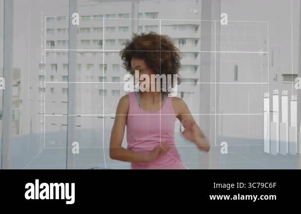 Dancing woman with animation of financial data charts in modern ...