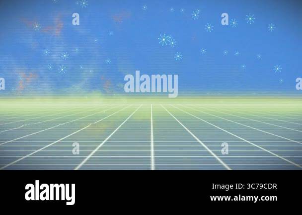 Glowing stars in blue sky above retro futuristic grid animation ...