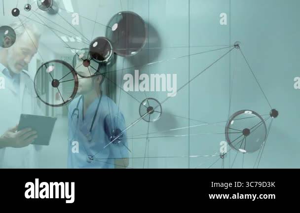 Doctors reviewing medical chart with animated network connections ...