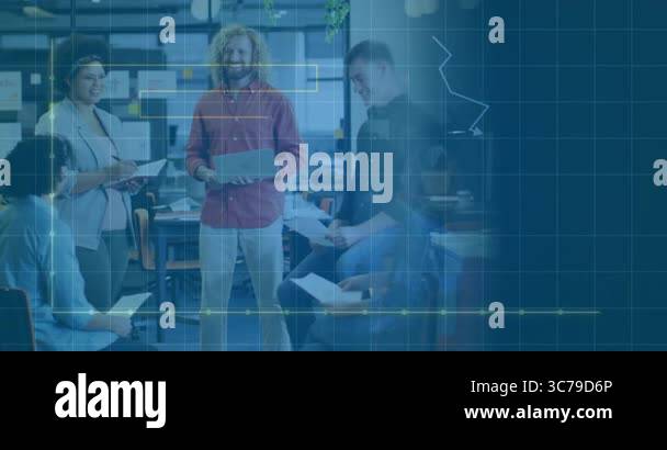 Collaborating in office, diverse team analyzing data visualization with animation. Teamwork ...