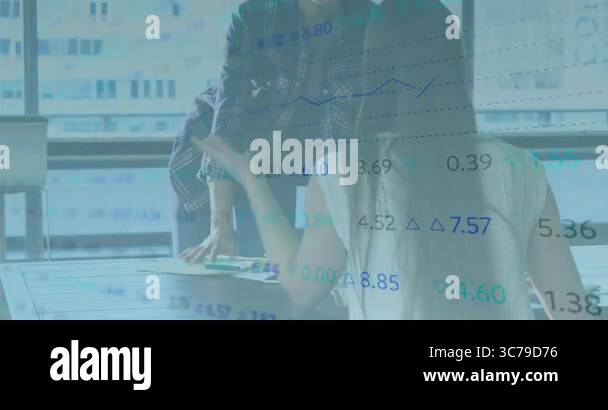 Discussing financial data, businesswoman with colleague, stock market ...