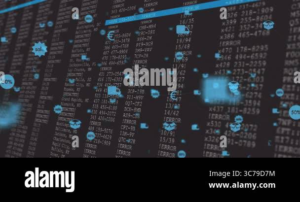 Animation with blue sale icons and error messages in digital data ...
