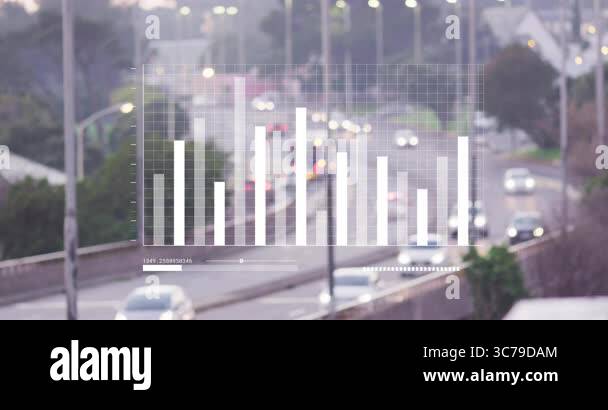 City highway with animation of traffic data bar graph overlaying busy ...