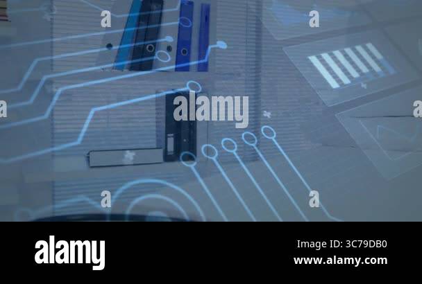 Digital circuit animation over office desk with documents and folders. Technology, innovation ...