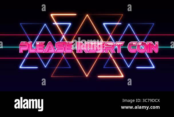 Retro arcade style animation with neon triangles and Please Insert Coin text. vintage, gaming ...