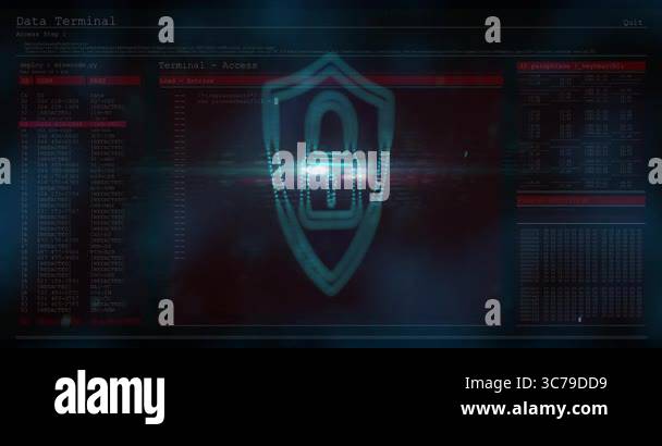 Animation of digital lock icon on computer terminal with security data ...