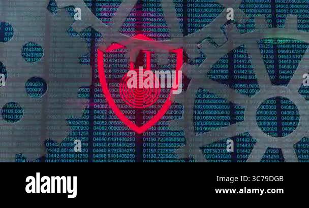 Digital security lock animation over background of encrypted data and ...