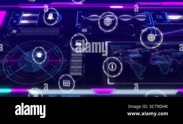Animation of digital interface with icons for education, search, global ...