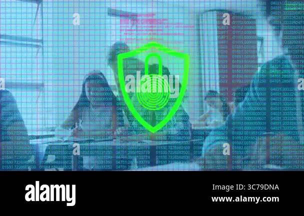 In office, animation of digital security shield overlaying people with ...