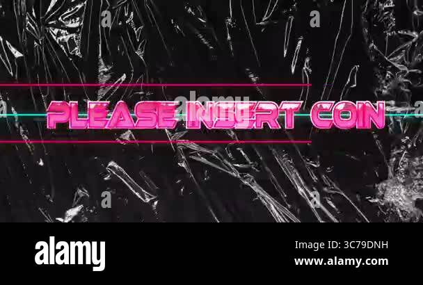 Neon Please Insert Coin animation glowing on shiny black textured background. Retro, arcade ...