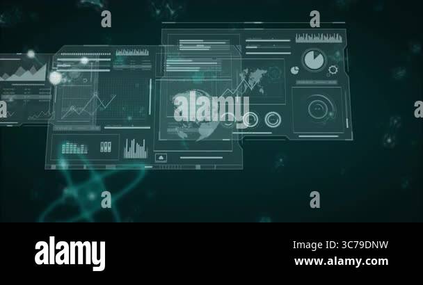 Animation of digital dashboard showing global data analytics on green ...