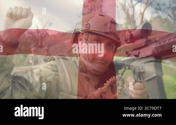 Aiming rifle, soldier with Danish flag overlay in outdoor military ...