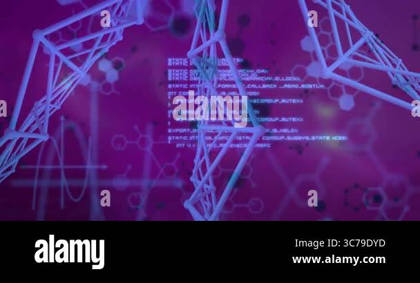 Animation of digital structures processing data with hexagonal patterns on purple background ...
