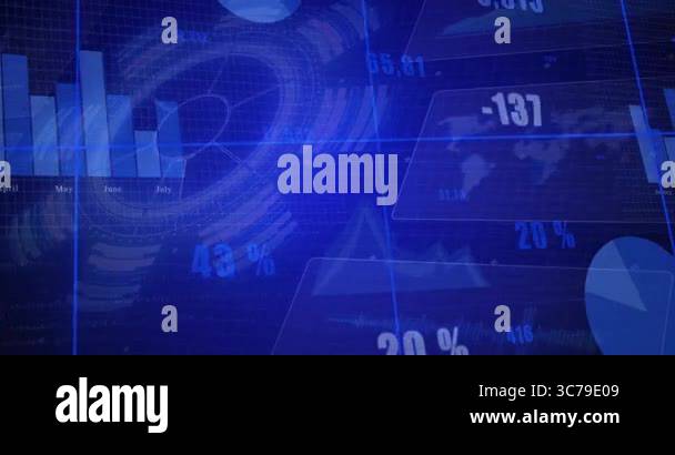 Animation of digital data visualization with graphs and charts on blue ...