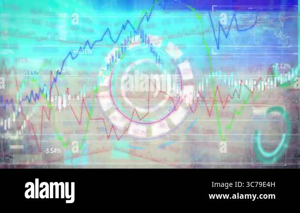 Animation of futuristic circular digital interface with financial data ...