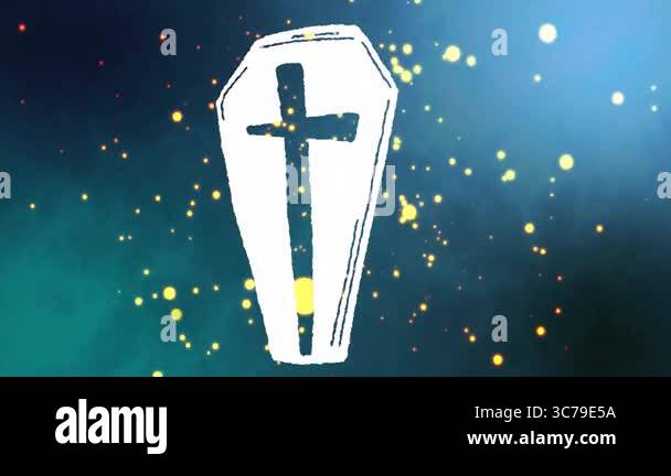 Animation of white coffin with cross surrounded by glowing particles on ...