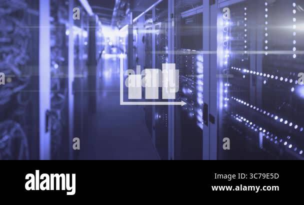 In server room, animation of bar chart icon overlaying data servers ...