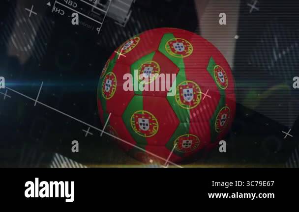 Red and green soccer ball with Portugal emblems over data and graphs ...