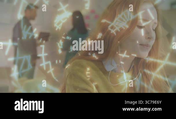 In school, animation overlaying abstract geometric patterns on creative people working. Design ...