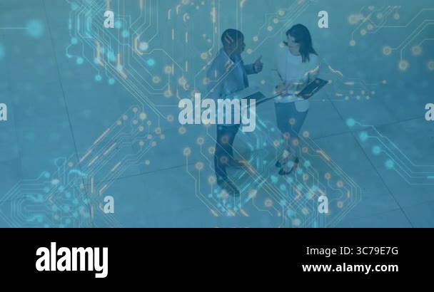 Discussing digital circuit network animation, business professionals ...