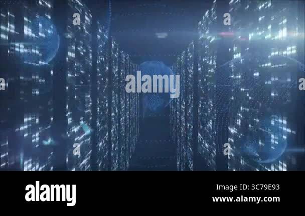 5G technology globe with digital data streams in futuristic corridor ...