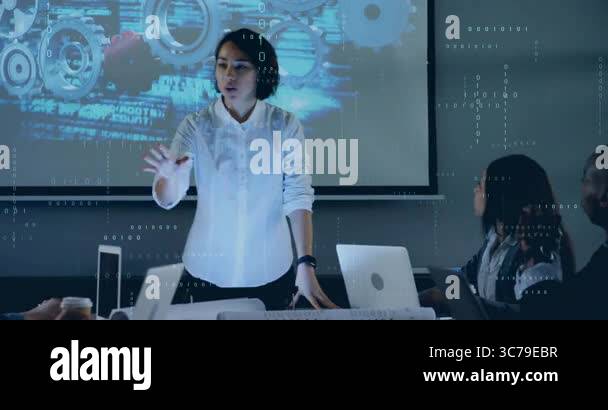 In conference room, businesswoman presenting data processing animation ...
