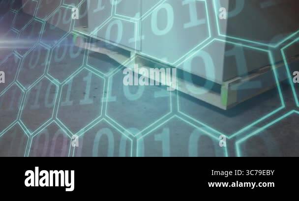 Industrial machinery with hexagonal digital pattern and binary code ...