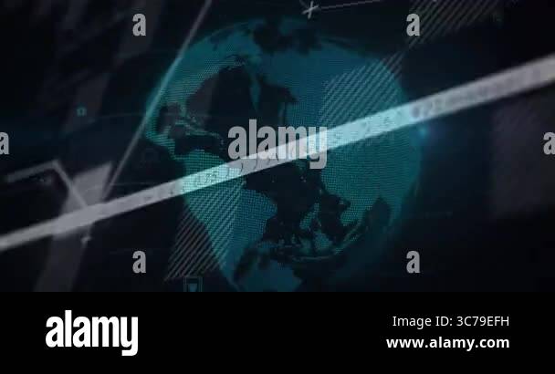 Animation of digital globe with data and graphs overlaying continents ...