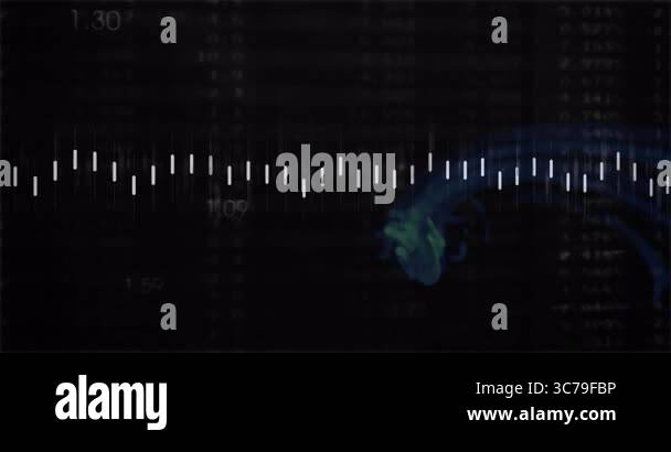 Animation of digital data and numerical patterns swirling over blue and ...