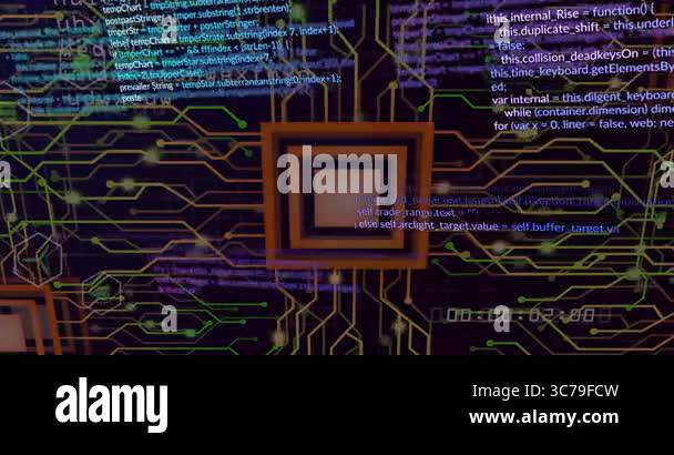Designing circuit board with colorful animation of programming code and ...