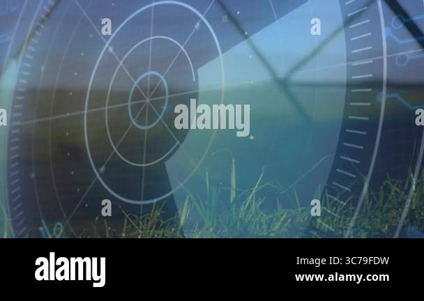 Radar screen animation over grassy landscape with blue sky background ...