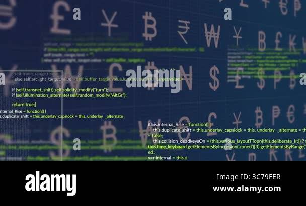 Currency symbols and computer code overlaying blue animation in digital ...