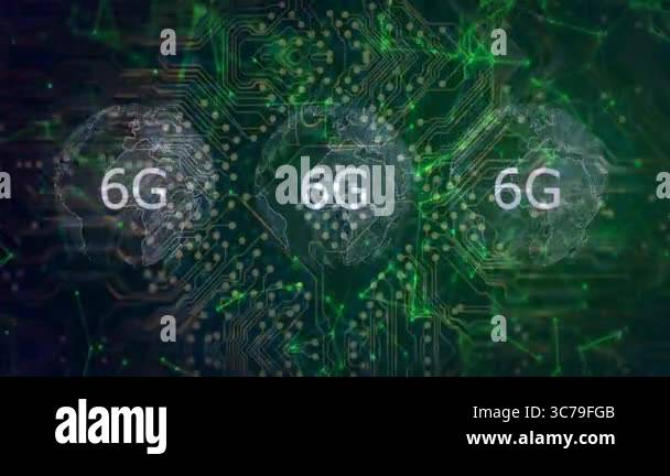 6G text over digital world map and circuit board animation. Technology ...