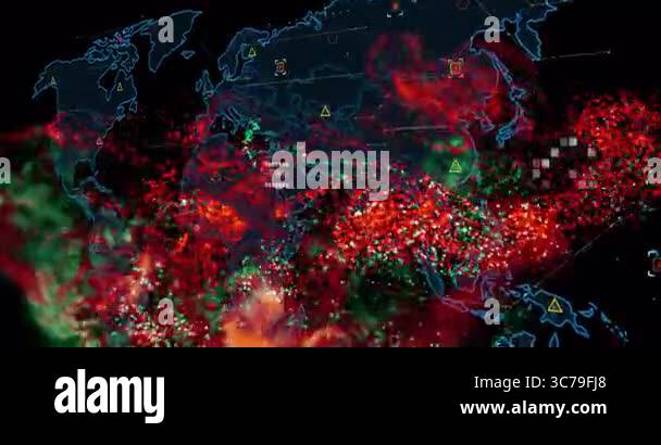 Digital animation of world map with red and green data points and ...