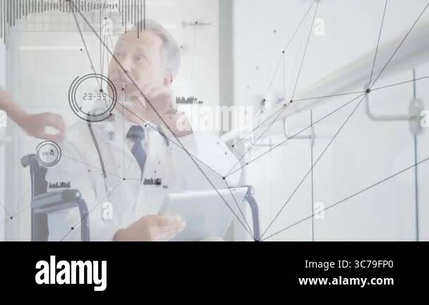 Doctor using tablet with data processing animation over medical ...