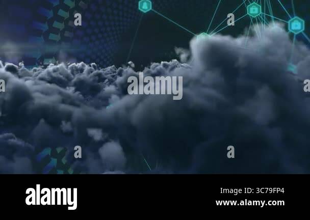 Merging clouds with digital network in abstract animation technology ...