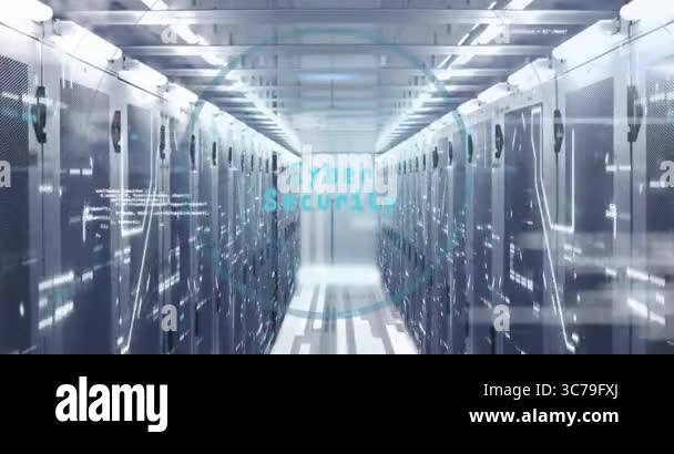 Futuristic digital security lock animation over data servers in modern ...