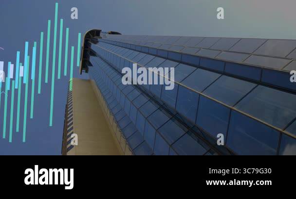 Animating financial data graph over modern glass building exterior in ...