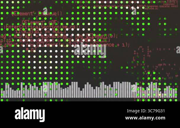 Green and red code with bar graph animation over black background. Data ...