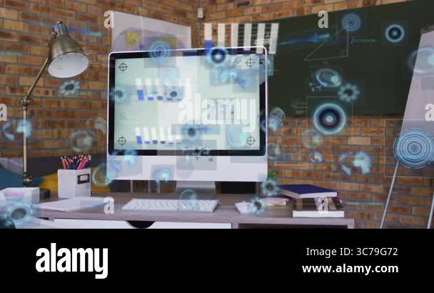Computer screen with digital data processing animation over modern ...